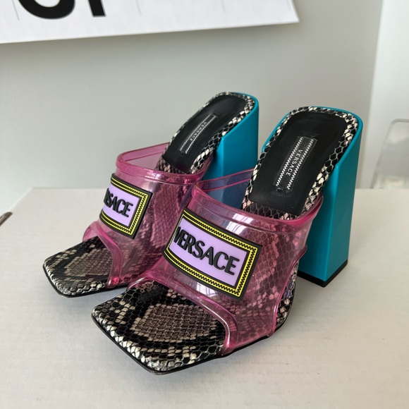 Versace | Shoes | Versace Ss9 Runway Pink Pvc 9s Logo Square Toe Block ...